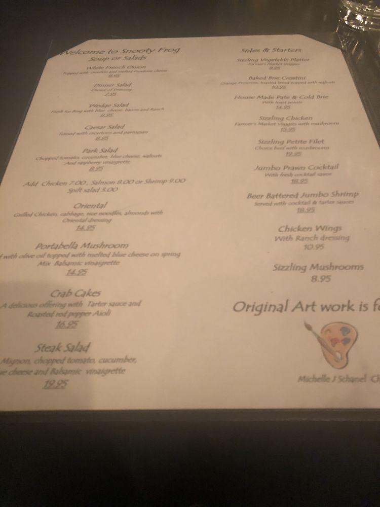 Menu at Snooty Frog steakhouse, Cameron Park