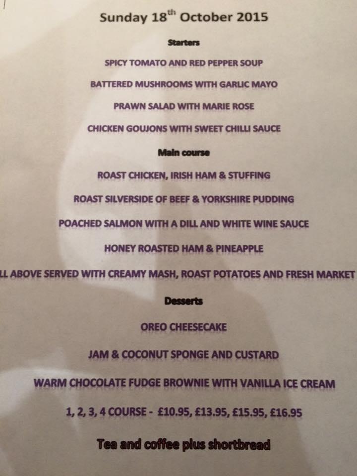 Menu at MD catering at Balmoral golf club, Belfast