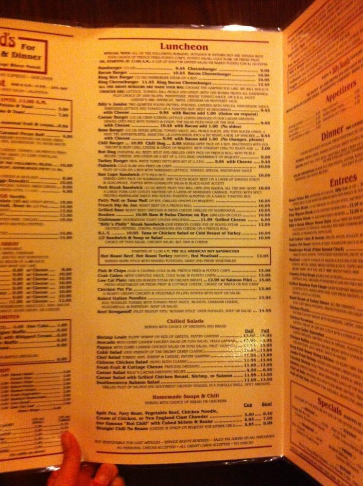Menu at Billy Reed's Palm Springs restaurant, Palm Springs
