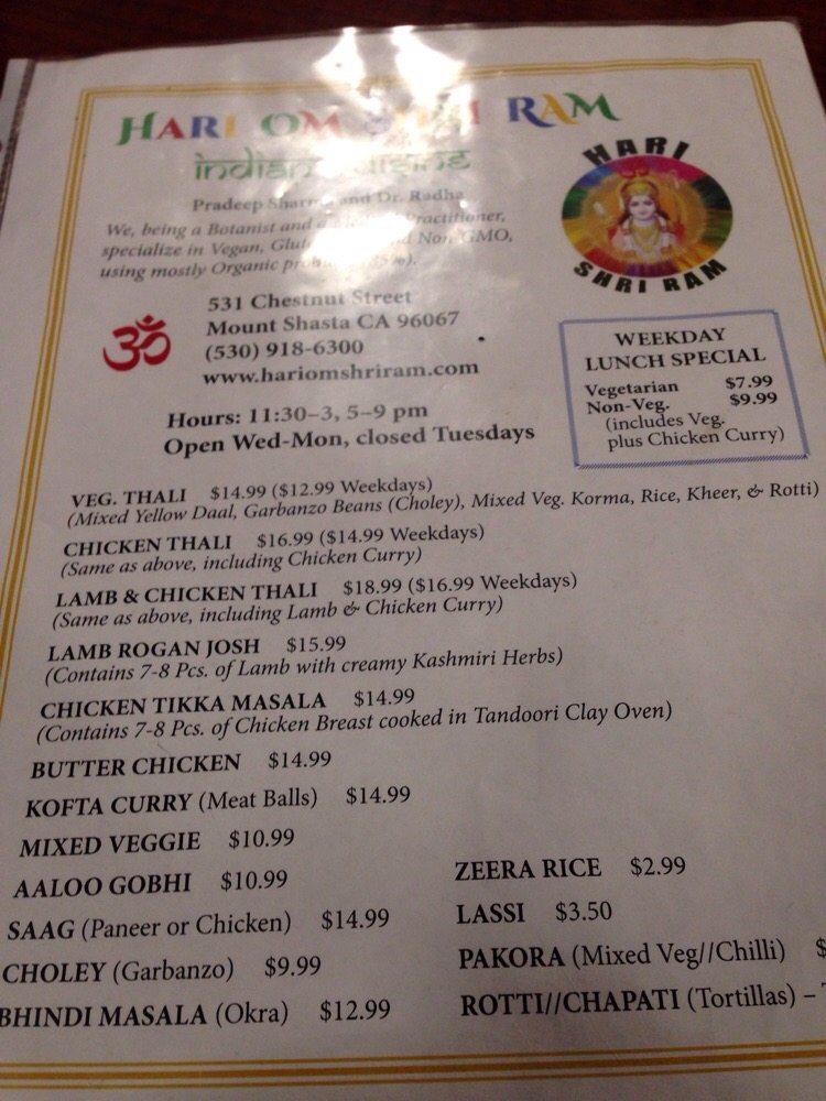 Carta del restaurante Hari Om Shri Ram Indian Cuisine, Mount Shasta
