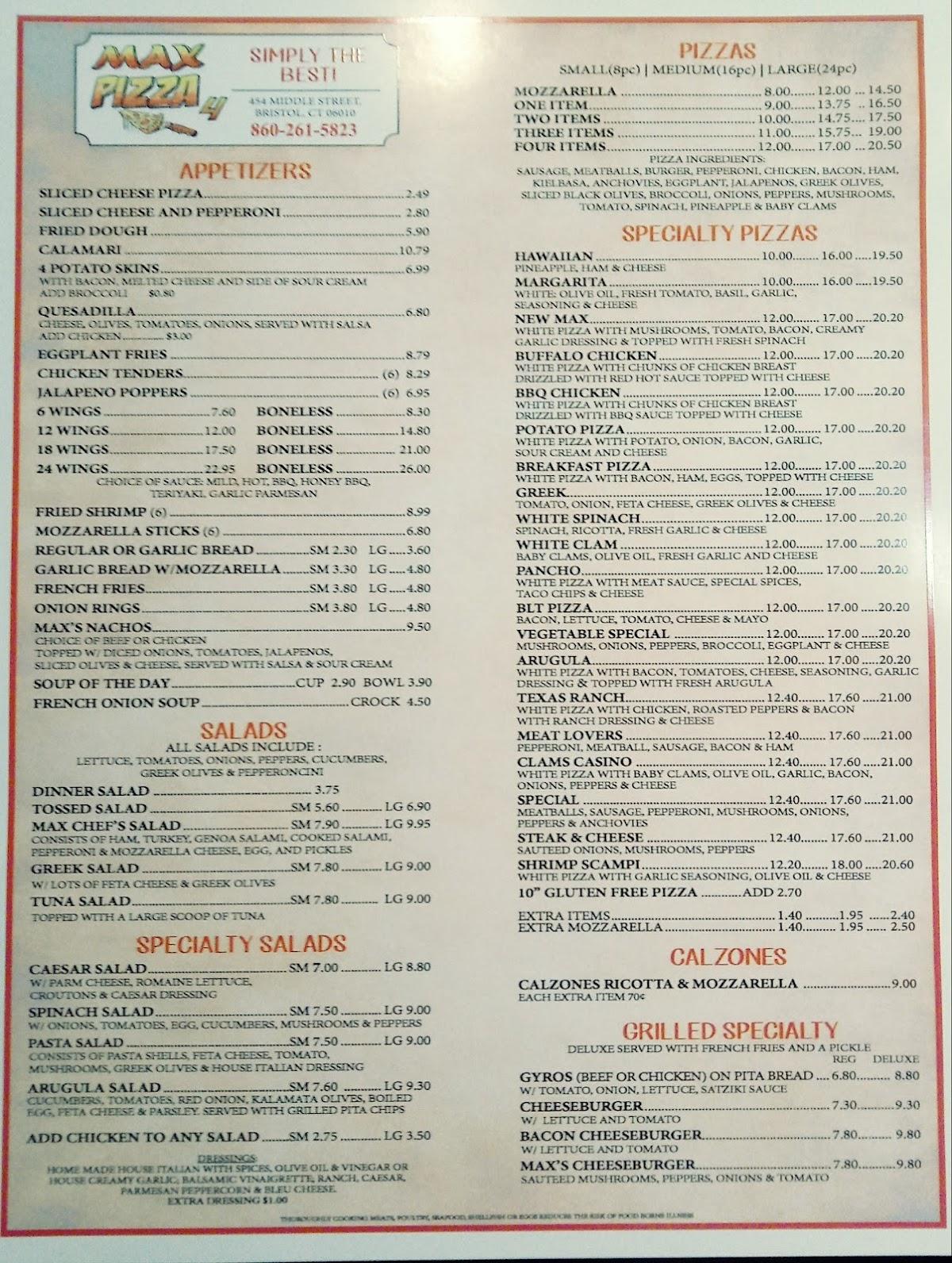 Menu at Max Pizza 4 pizzeria, Bristol