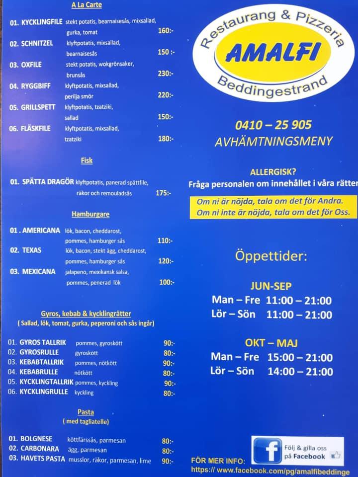 Menu at Pizzeria Amalfi, Sweden