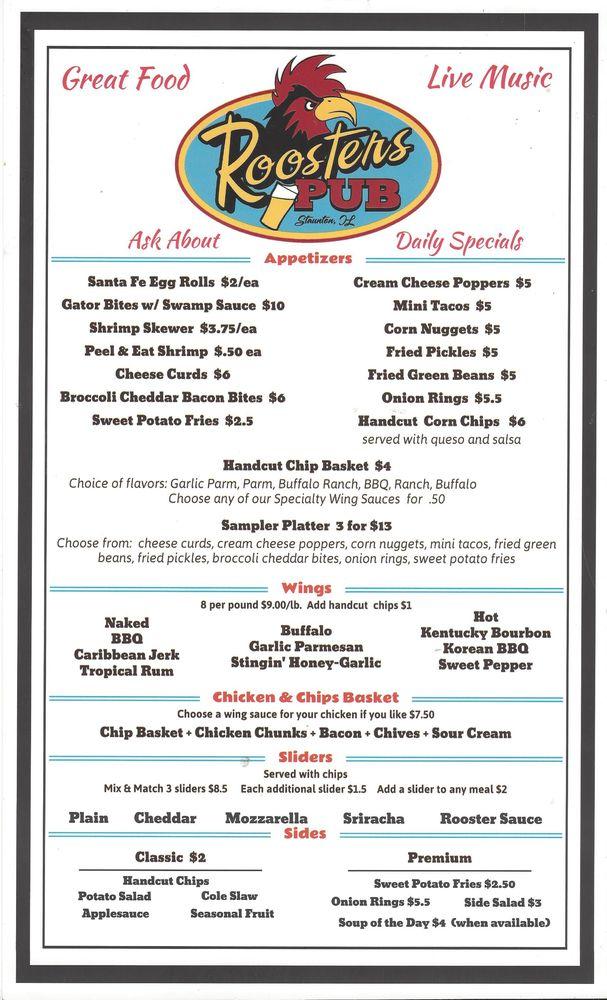 Menu at Rooster's Pub, Staunton