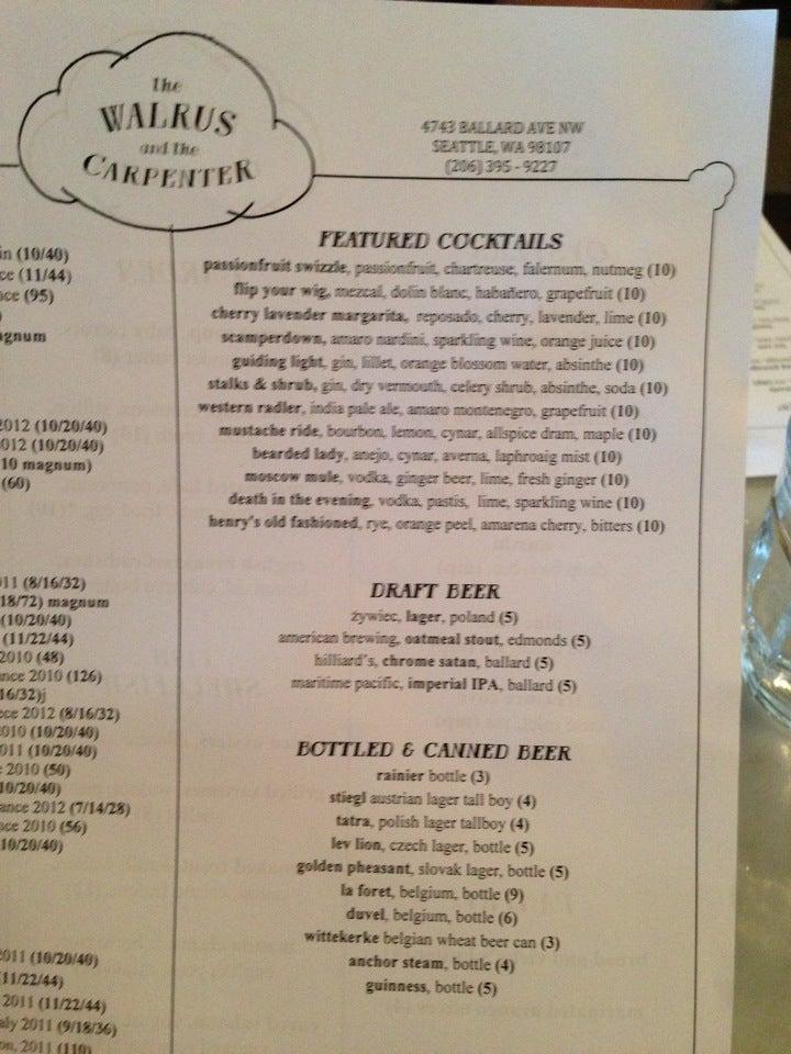 Menu at The Walrus and the Carpenter restaurant, Seattle