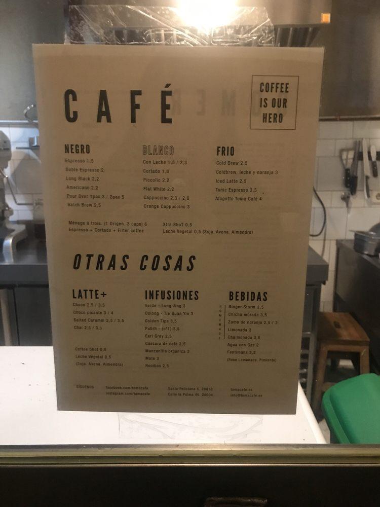 Menu at Toma Café 1, Madrid, C. de la Palma