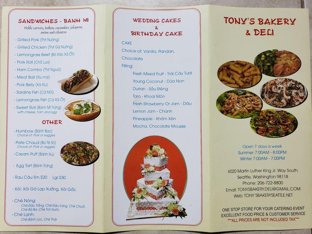 Menu at Tony's Bakery, Seattle