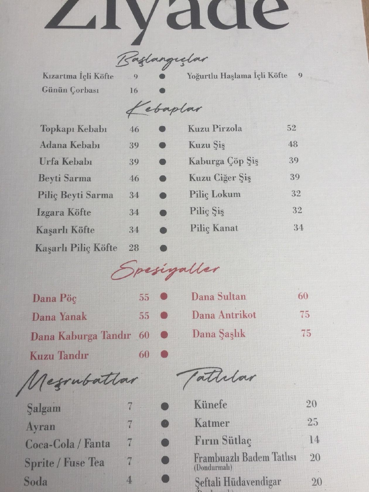 Menu at Ziyade, Izmir