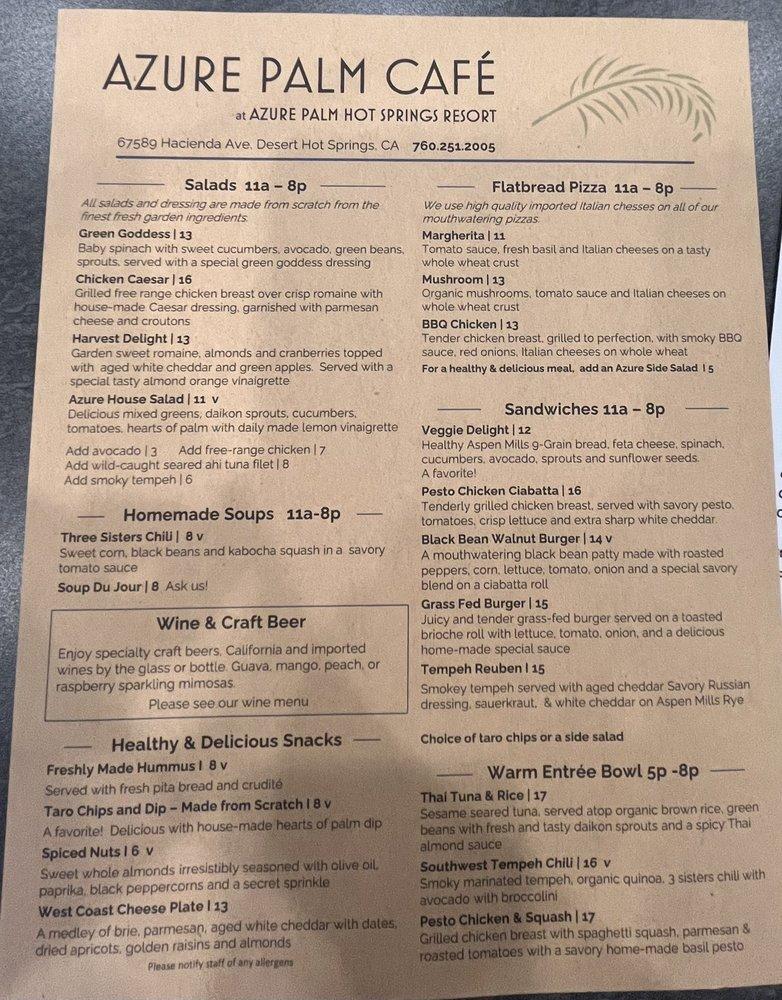 Menu at Azure Palm Café cafe, Desert Hot Springs