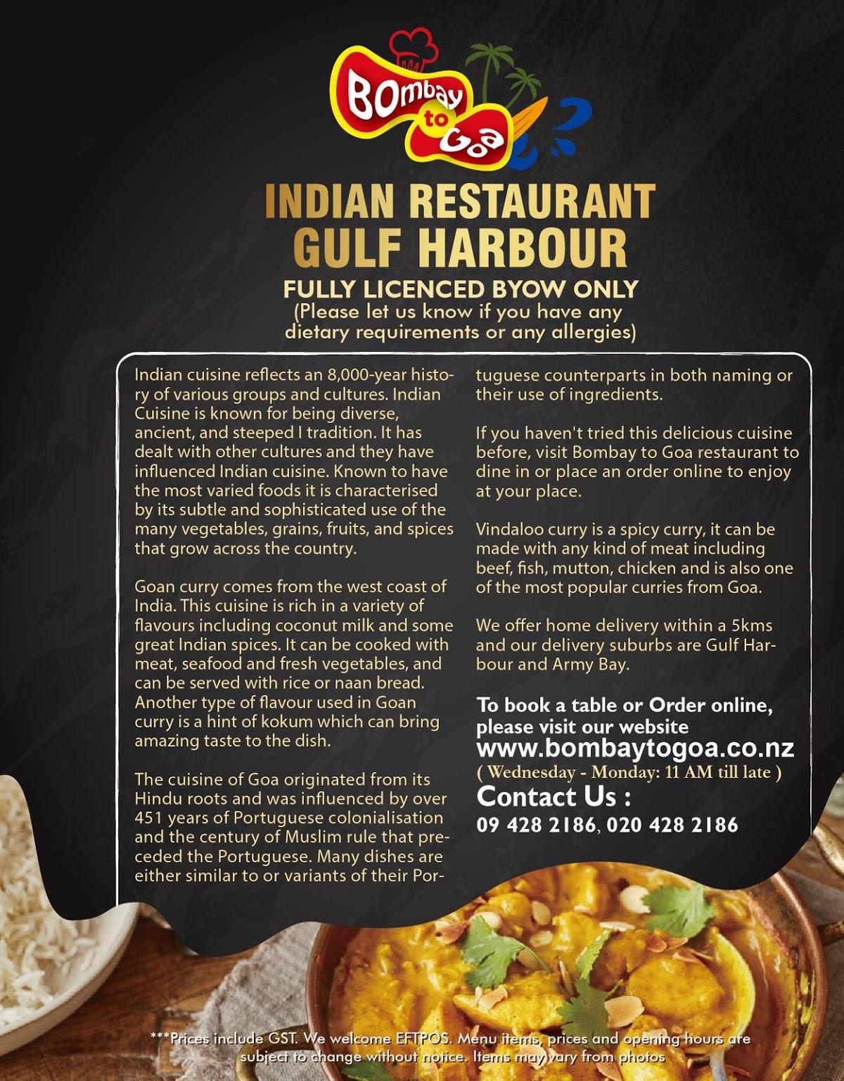 Menu at Bombay to Goa - Indian Restaurant, Whangaparaoa