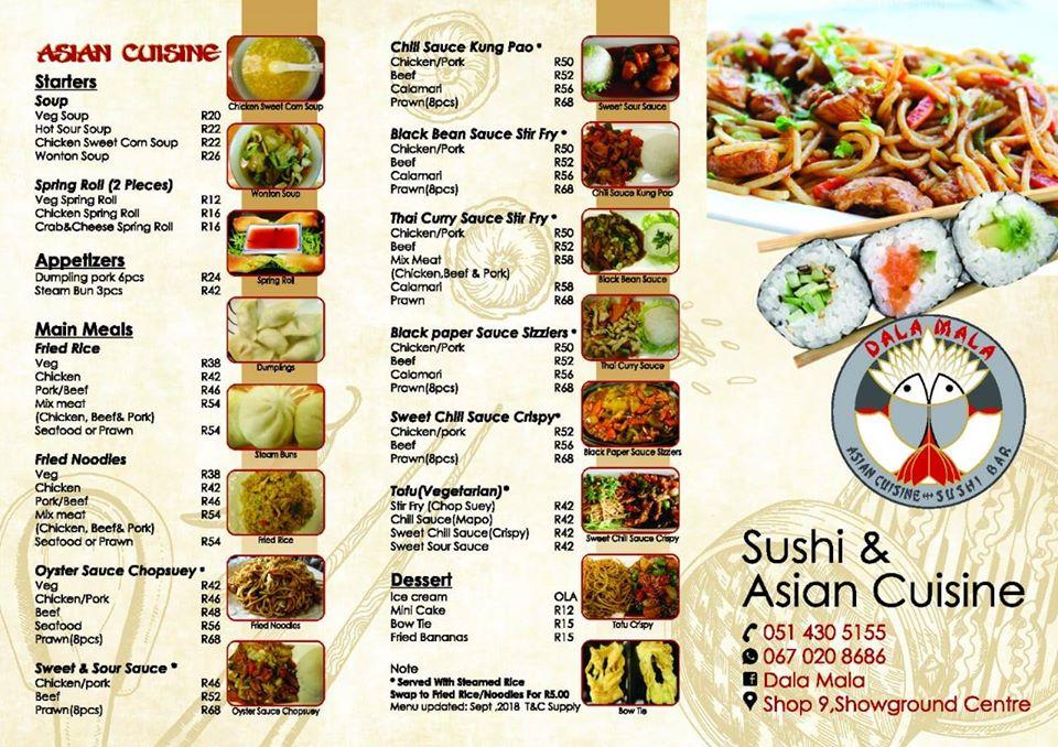 Menu at Dala Mala Asian Cuisine & Sushi Bar, Bloemfontein, Shop 9