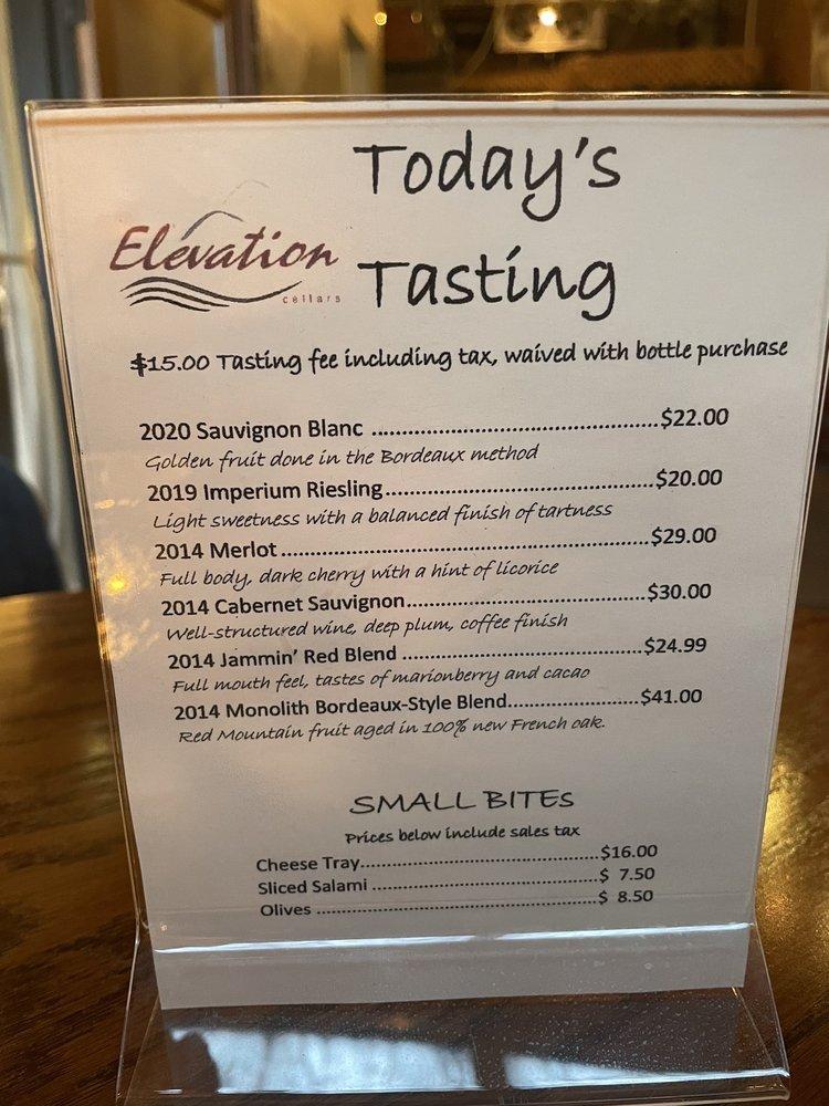 Menu at Elevation Cellars pub & bar, Woodinville