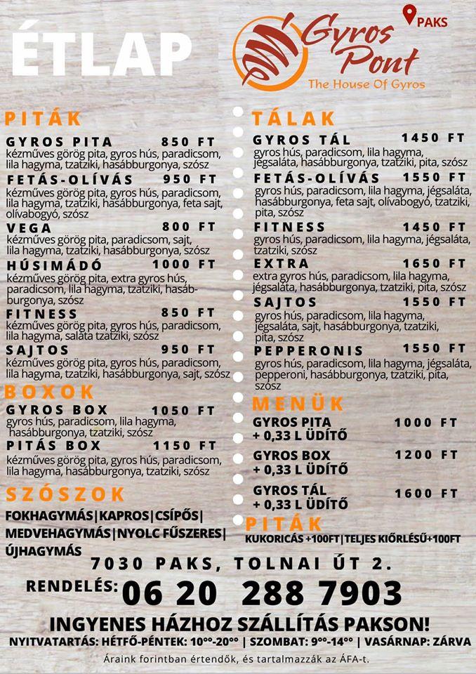 Menu at Gyros Pont Paks restaurant, Paks