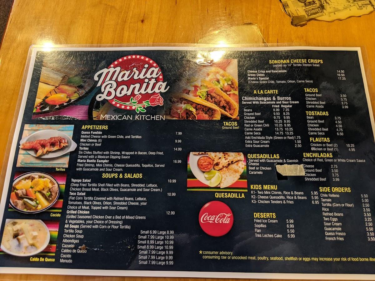 Menu at Maria Bonita Mexican Kitchen restaurant, Tucson
