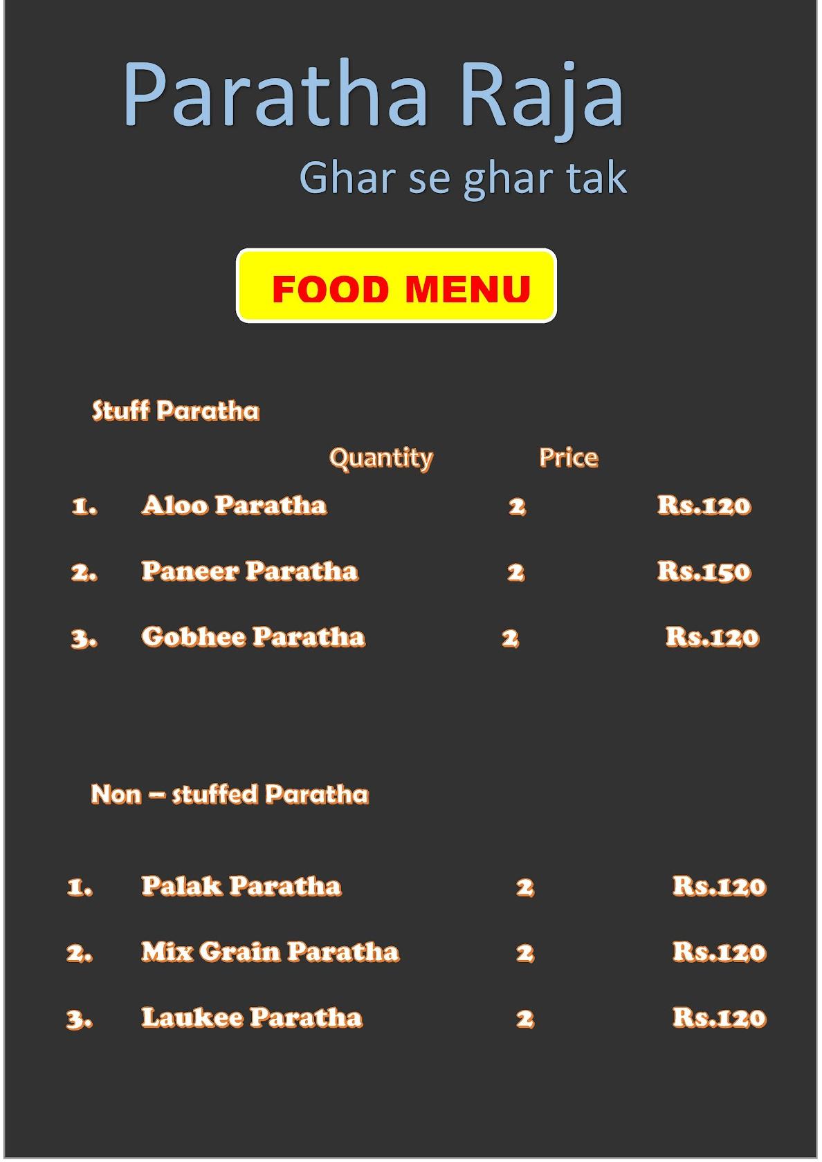 Menu at Paratha Raja, Palidevad