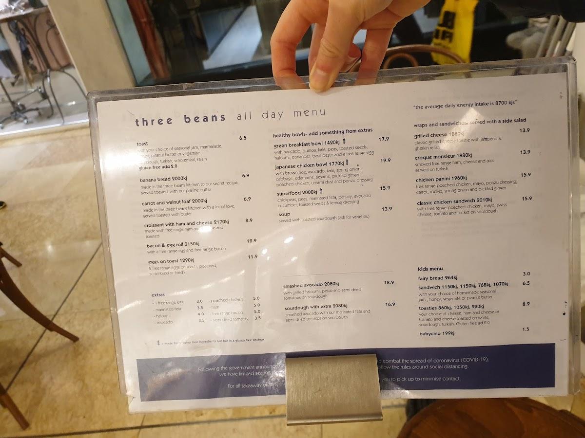 Menu at Three Beans Chatswood Chase restaurant, Chatswood