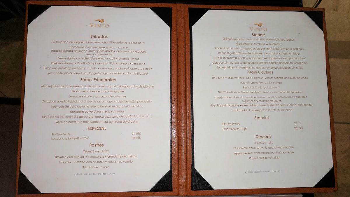 Menu at Vento, Punta Cana restaurant, Punta Cana, MHW5+G5X