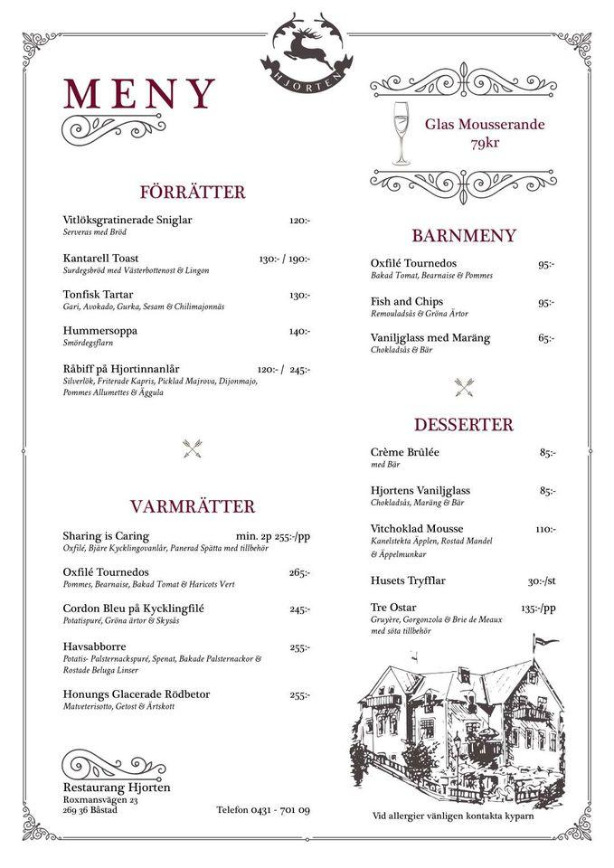 Menu at Hjorten Restaurang restaurant, Båstad