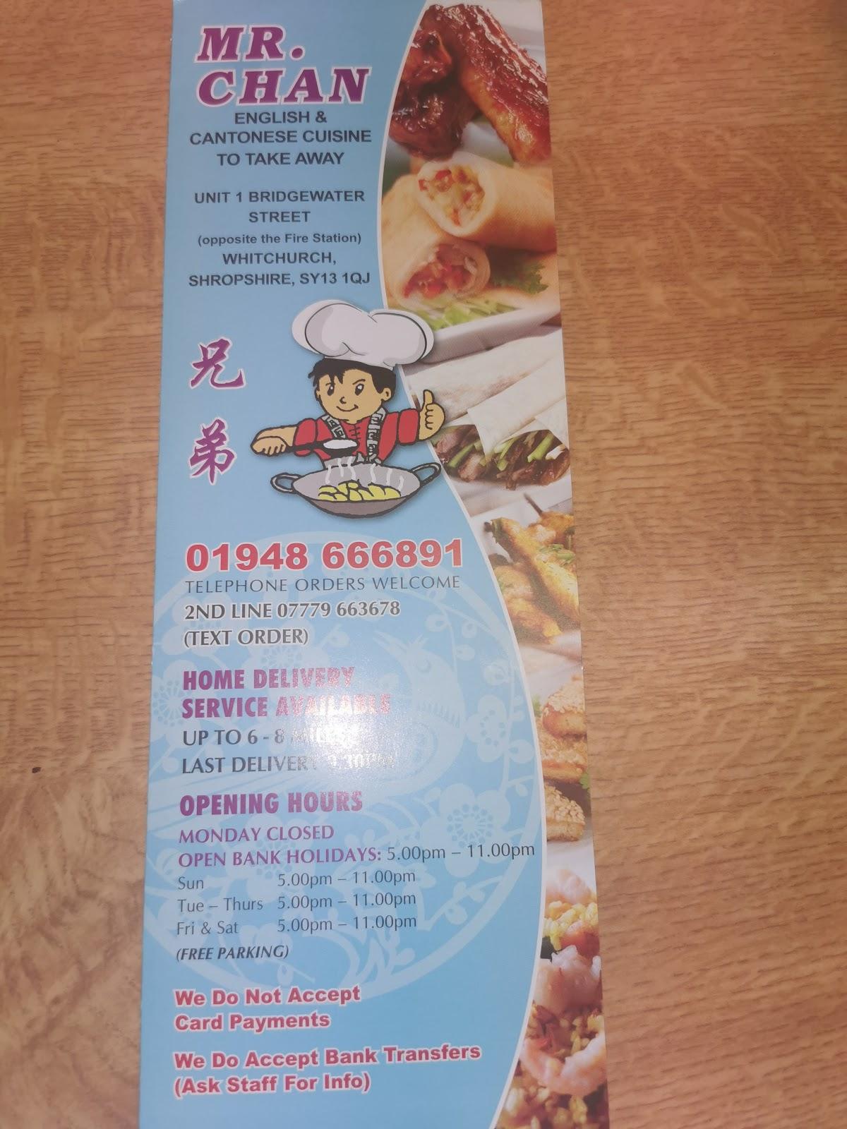 Menu at Mr Chan Chinese Takeaway restaurant, Whitchurch