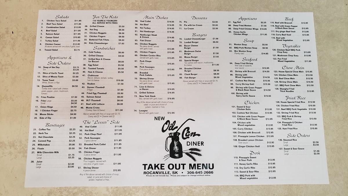 Carta del restaurante New Oil Can Diner, Rocanville