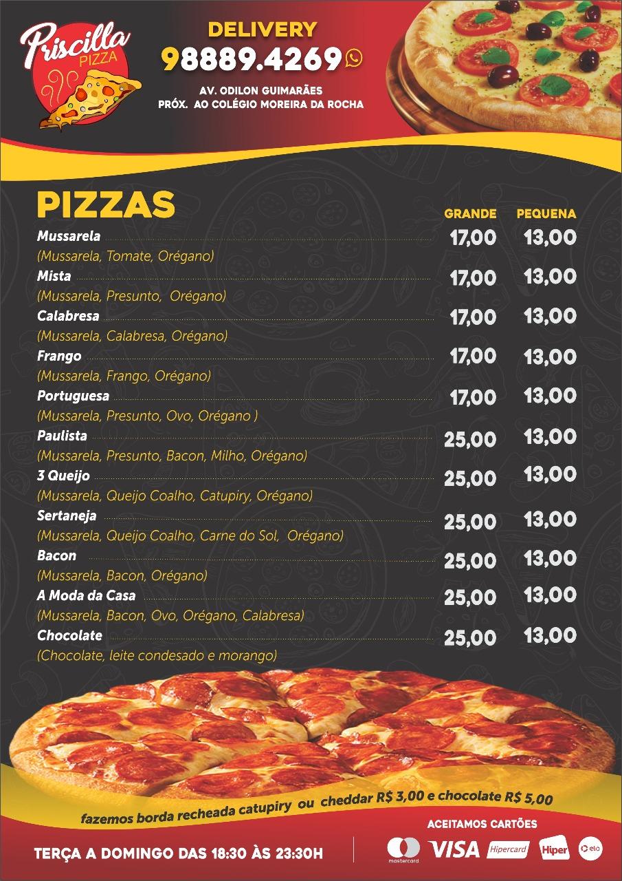 Menu at Priscilla Pizza restaurant, Fortaleza