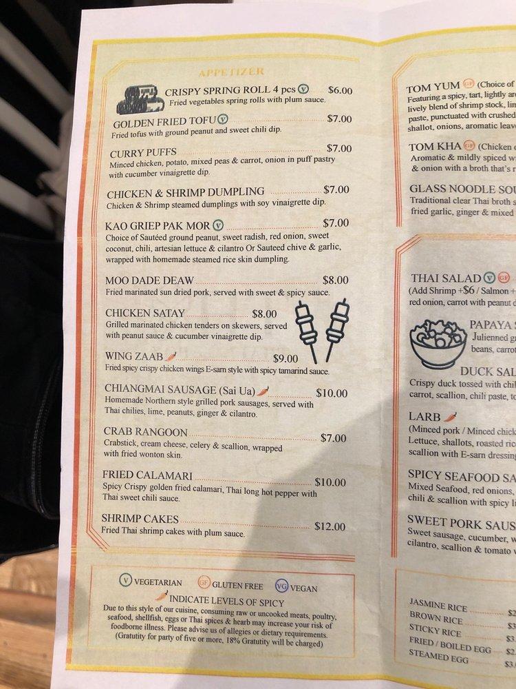 Menu at Thai Hot Box restaurant, New York City