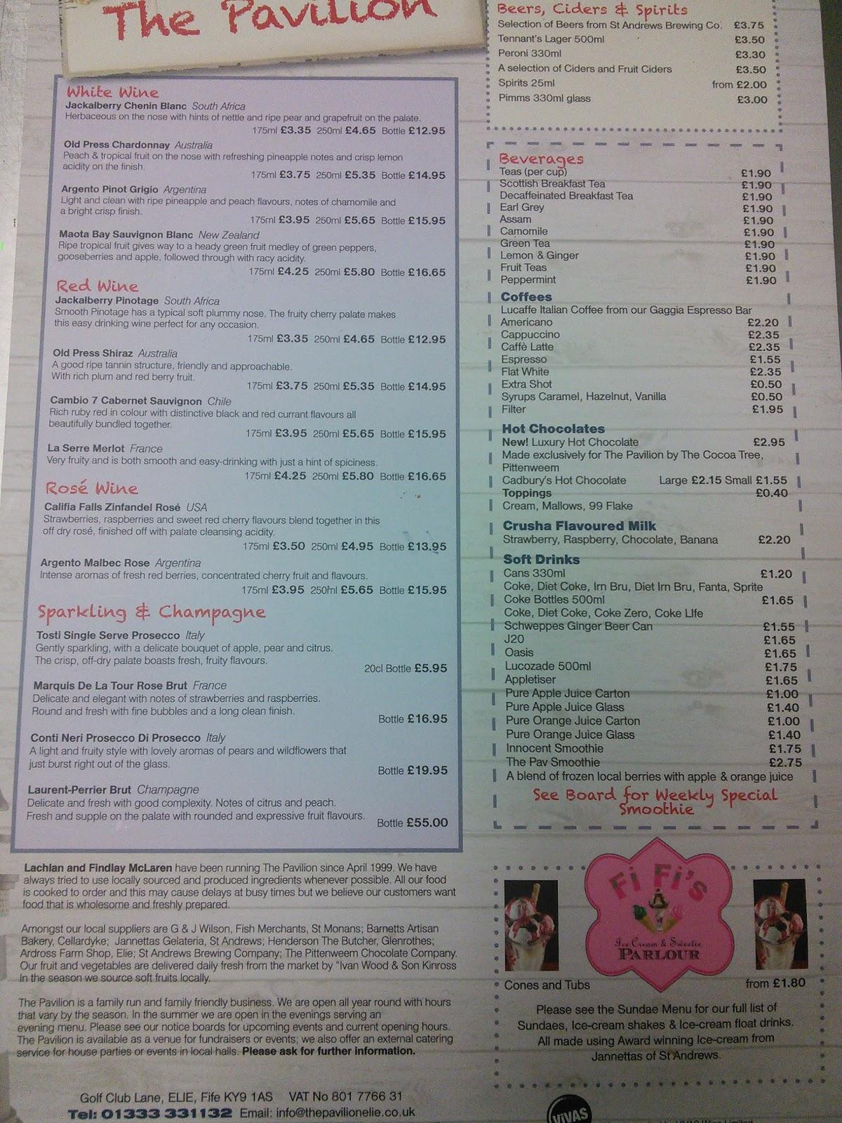 Menu at The Pavilion Cafe/Restaurant, Elie