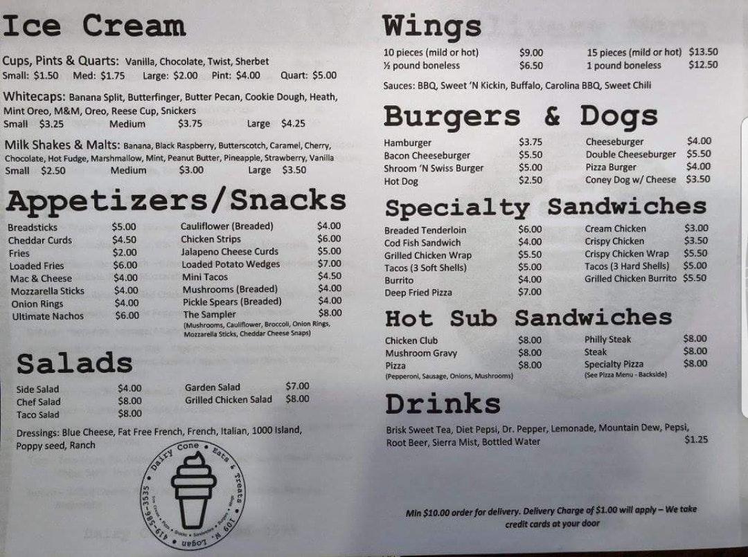 Menu at Dairy Cone pizzeria, Celina, 109 W Logan St