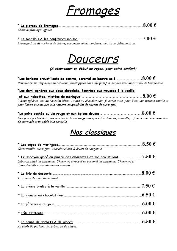 Menu at Beau-rivage restaurant, Mansle