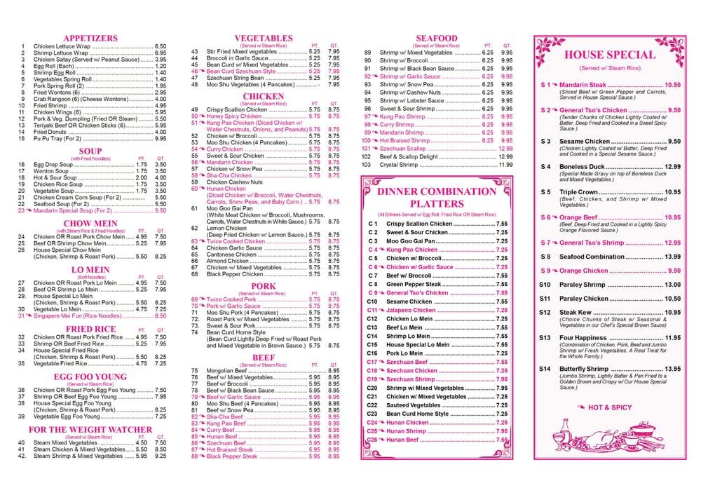 Menu at Mandarin Chinese Restaurant, Clemmons