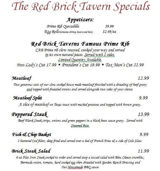 Menu at Red Brick Tavern pub & bar, London, Cumberland St