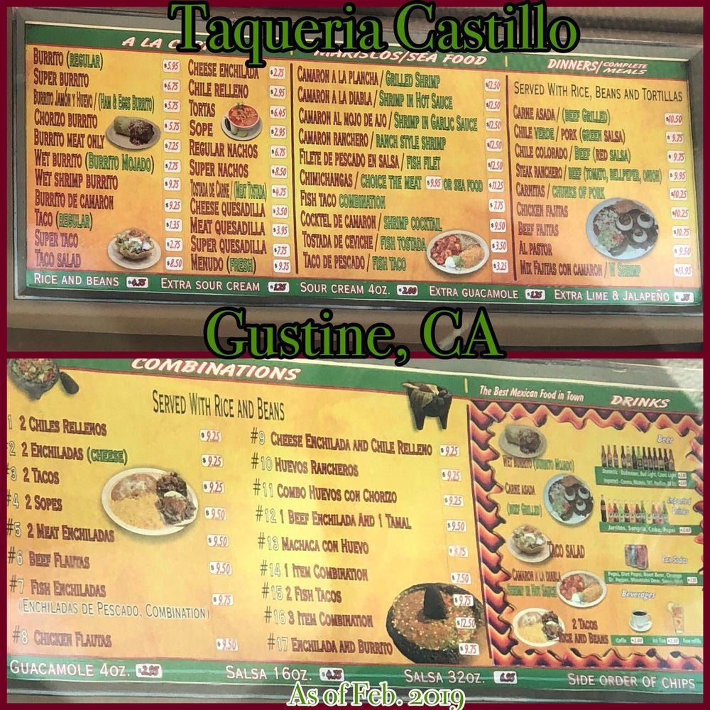 Menu at Taqueria Castillo restaurant, Gustine