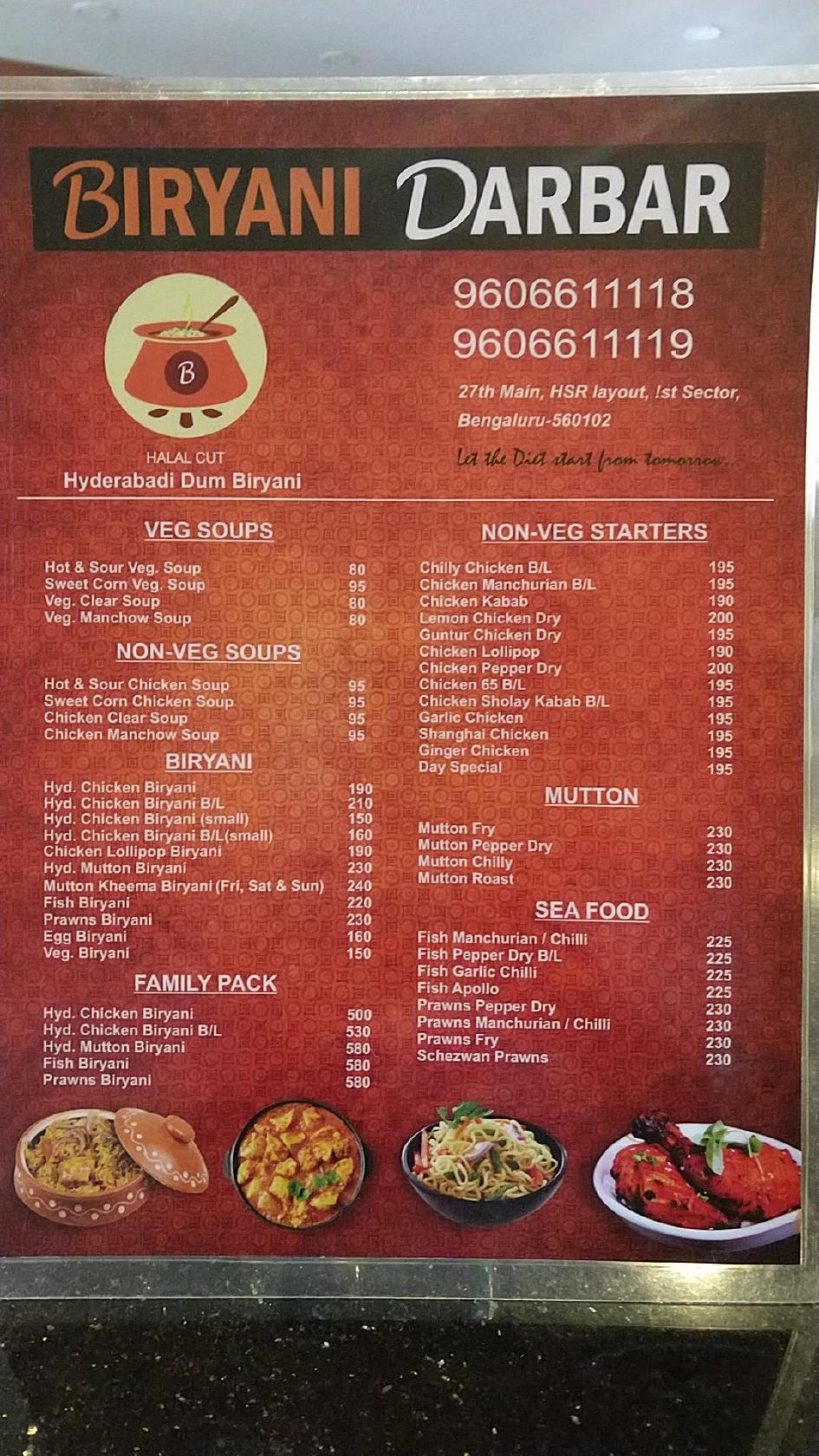 Menu at Biryani Darbar, Bengaluru