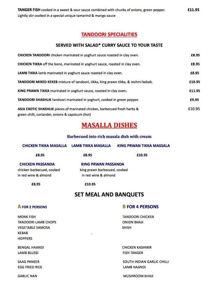 Menu at The Blue Elephant restaurant, Llandudno