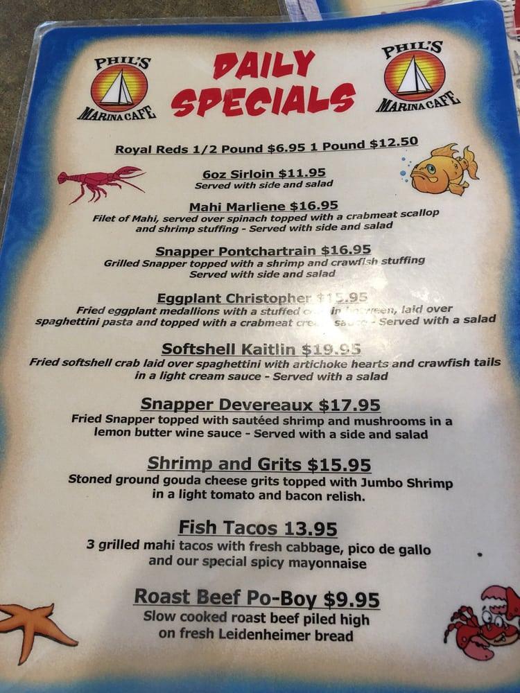 Menu at Phil's Marina Cafe, Slidell