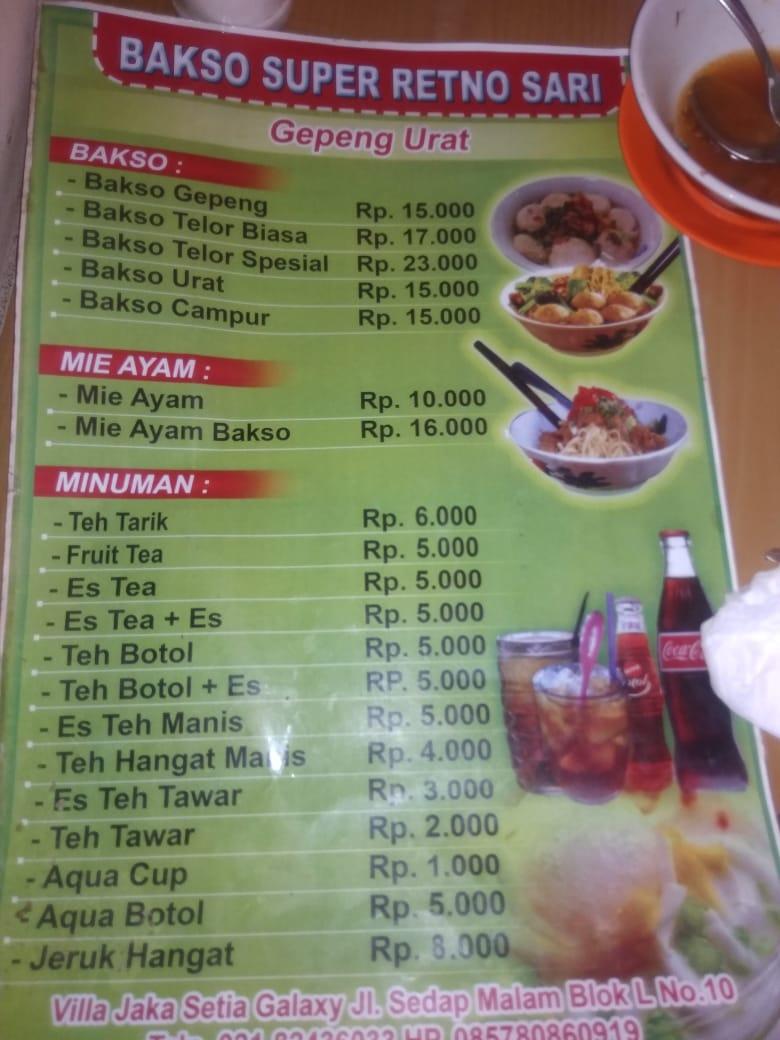 Menu at Bakso Super Retnosari restaurant, Bekasi Regency