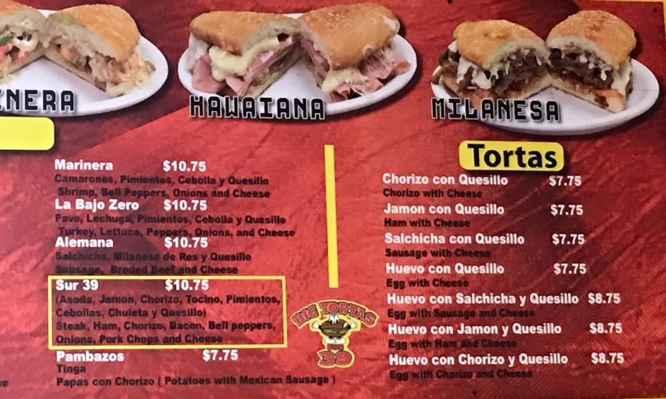 Menu at Big Tortas Sur 39 pub & bar, Salt Lake City, 541 W 3900 S