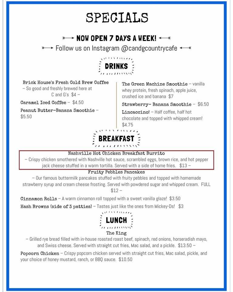 Menu at C&G's Country Cafe, Toms River