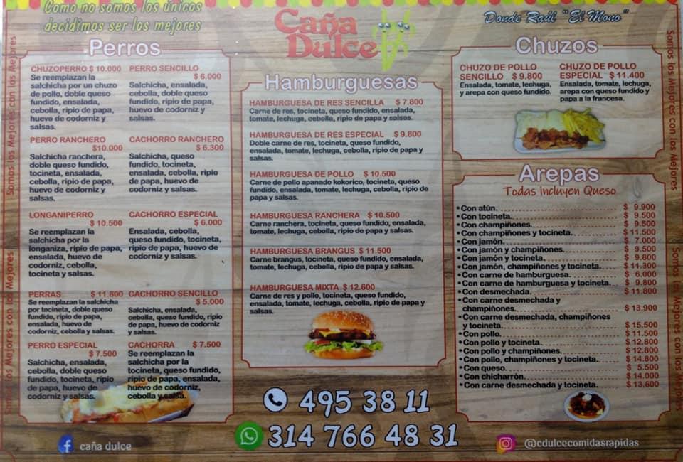 Menu at Caña Dulce restaurant, Medellín