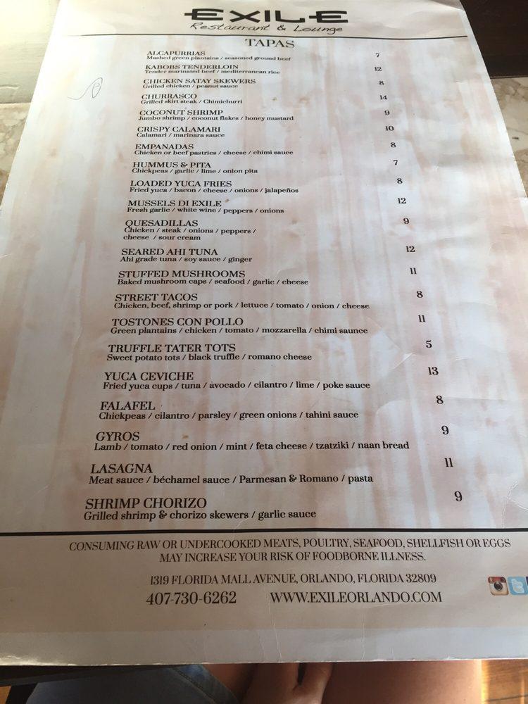 Menu at Exile Restaurant & Lounge, Orlando