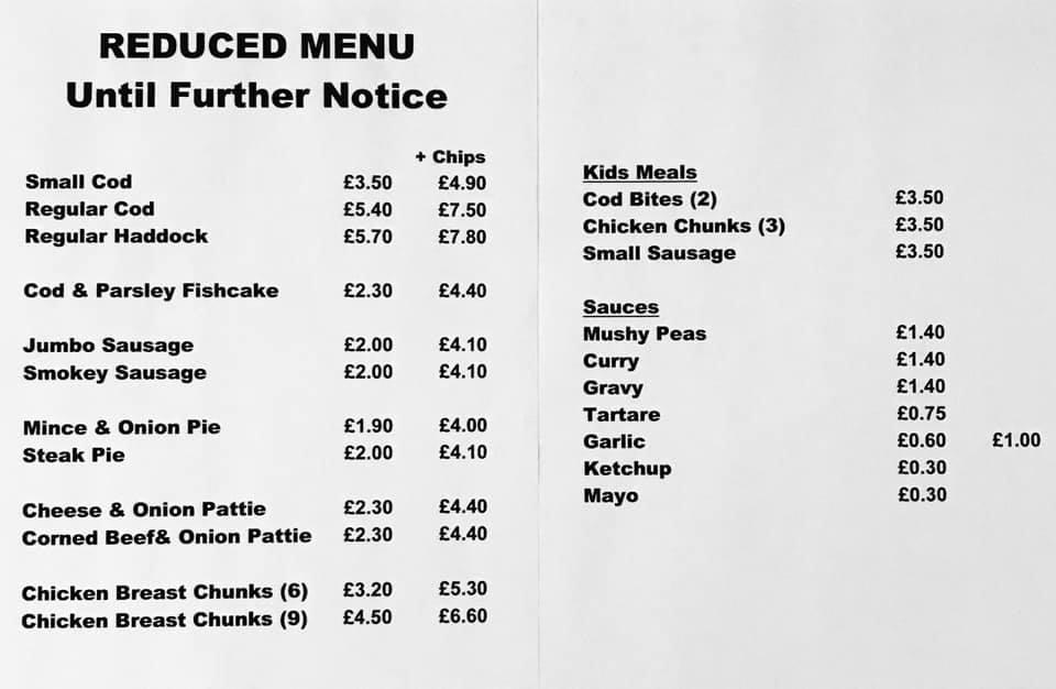 Menu at Fenham Fish Bar, Newcastle upon Tyne, 21 Stamfordham Rd