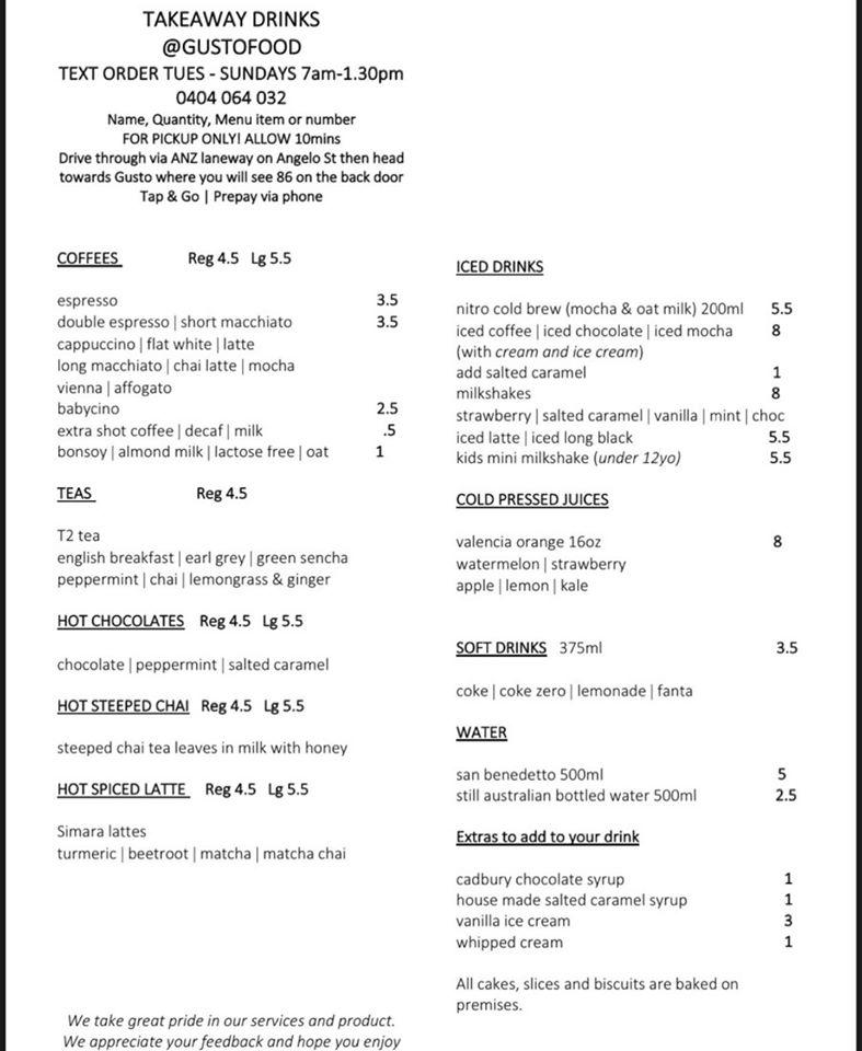 Menu at Gusto Food restaurant, South Perth