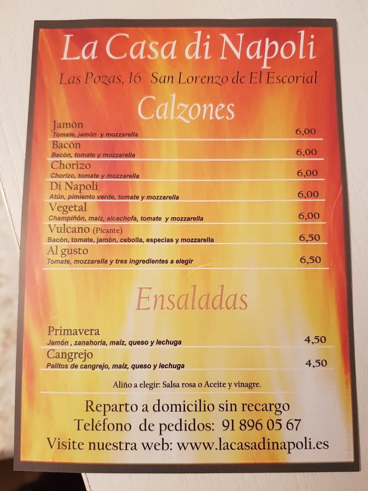 Carta de Pizzería La Casa Di Napoli, San Lorenzo de El Escorial