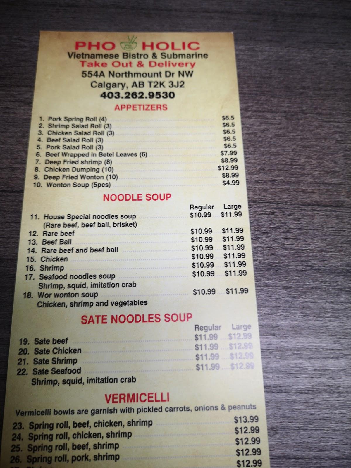 Menu at PHO HOLIC - Vietnamese Bistro & Submarine restaurant, Calgary