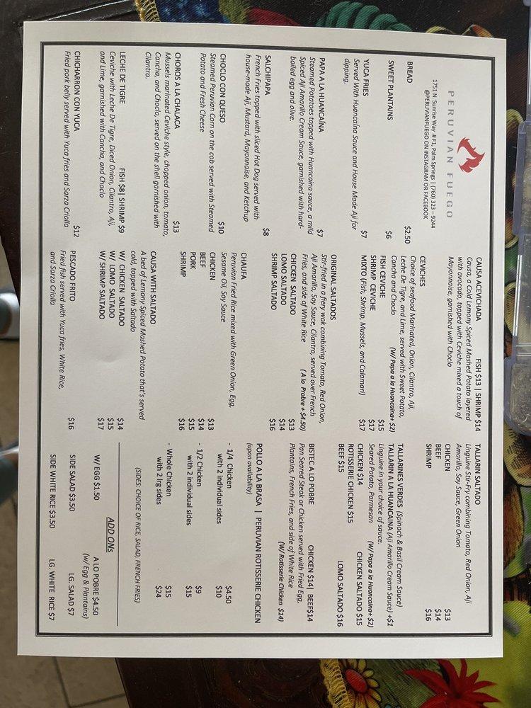 Menu at Peruvian Fuego restaurant, Palm Springs