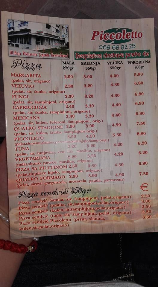 Menu at Piccoletto restaurant, Niksic