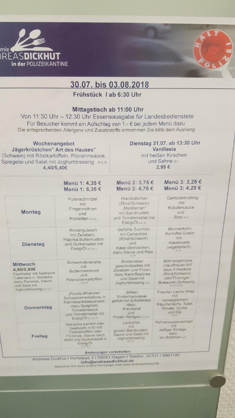 Menu at Police canteen Hoheleye cafeteria, Hagen