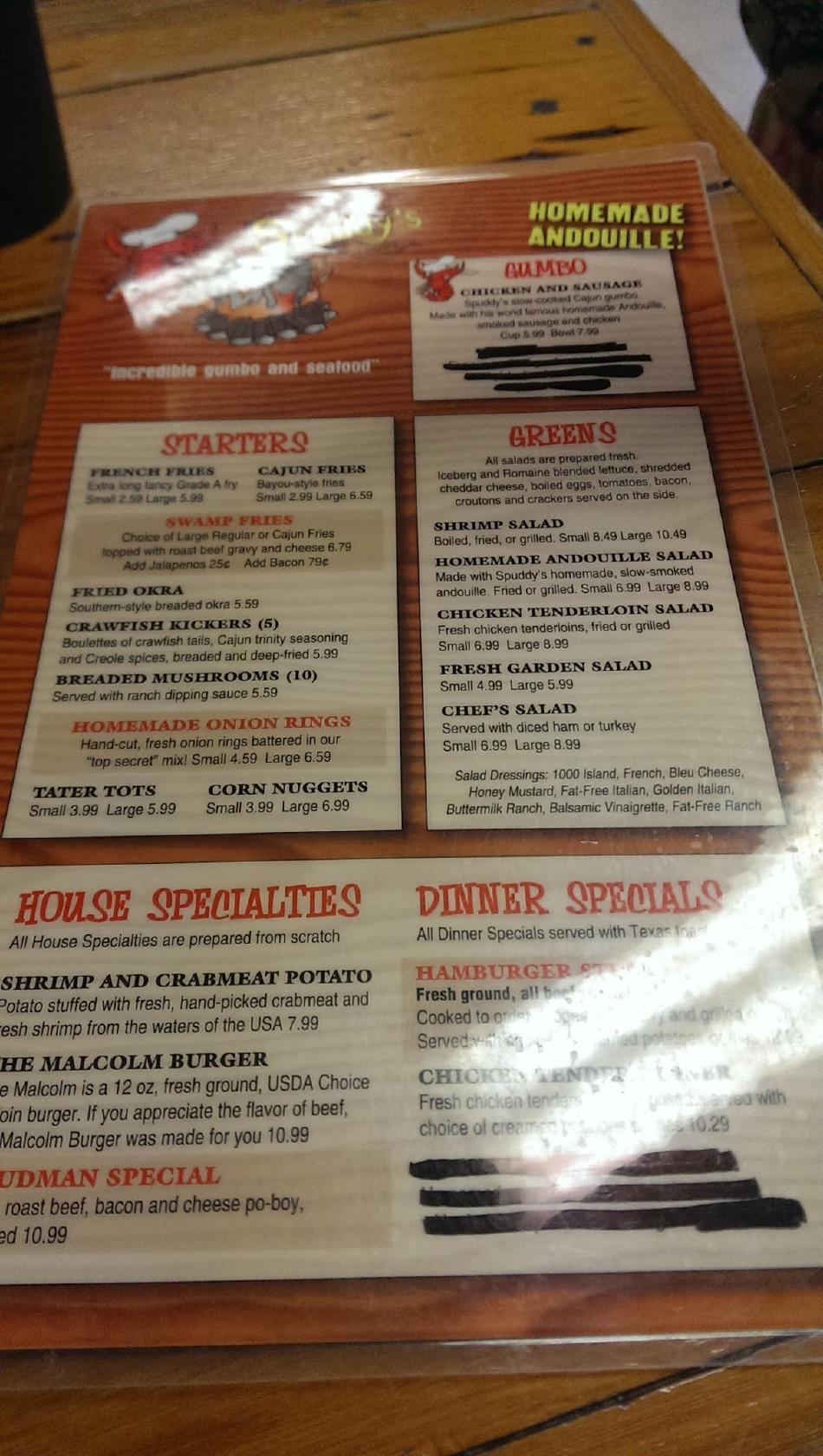 Menu at Spuddy's Cajun Foods restaurant, Vacherie