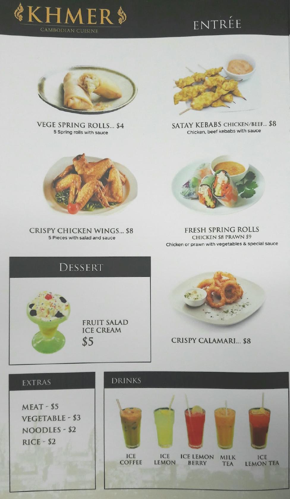 Menu at Khmer Cambodian Cuisine restaurant, Christchurch