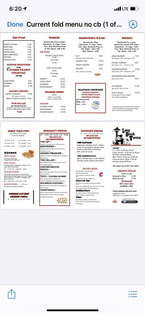 Menu at Long Beach Tavern pub & bar, Long Beach, 305 Pacific Ave S