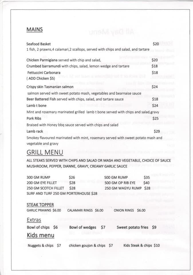 Menu at Mate’s restaurant and bar, Wynnum